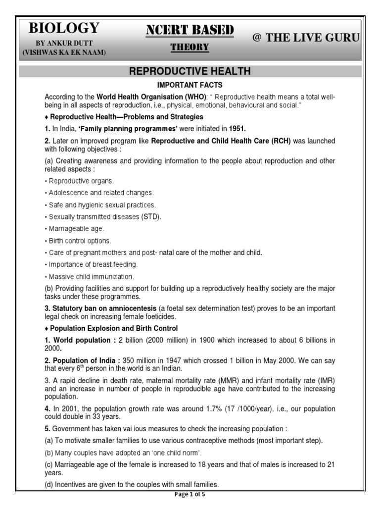 Reproductive Health (Theory) - NCERT Basesd | PDF | Sexually ...