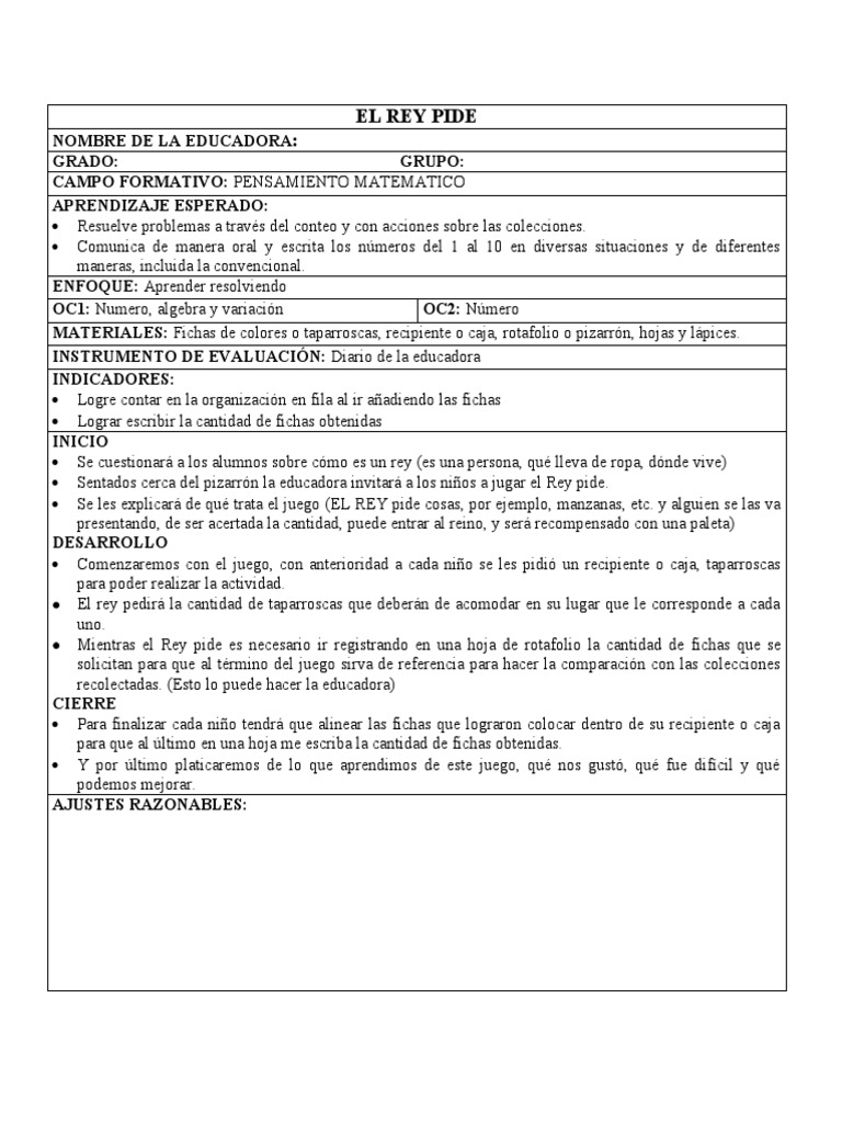 Juego "El Rey Pide" para Niños | PDF