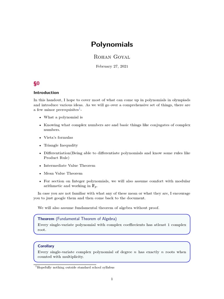 Polynomials: Rohan Goyal | PDF | Polynomial | Factorization