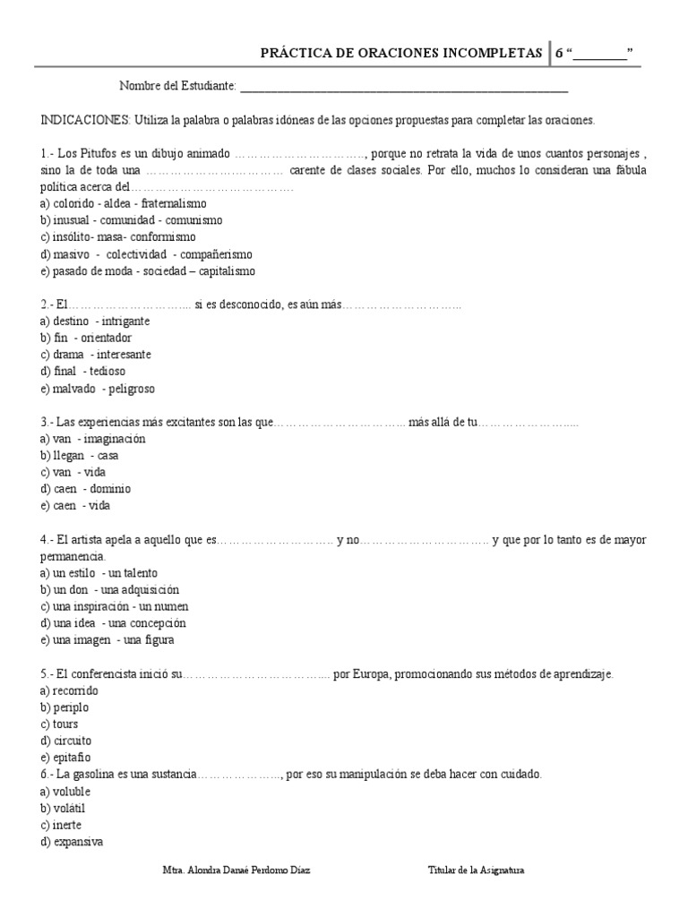 Práctica de Oraciones Incompletas | PDF