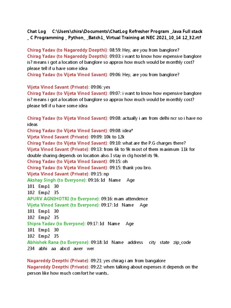 ChatLog Refresher Program - Java Full Stack - C Programming - Python ...