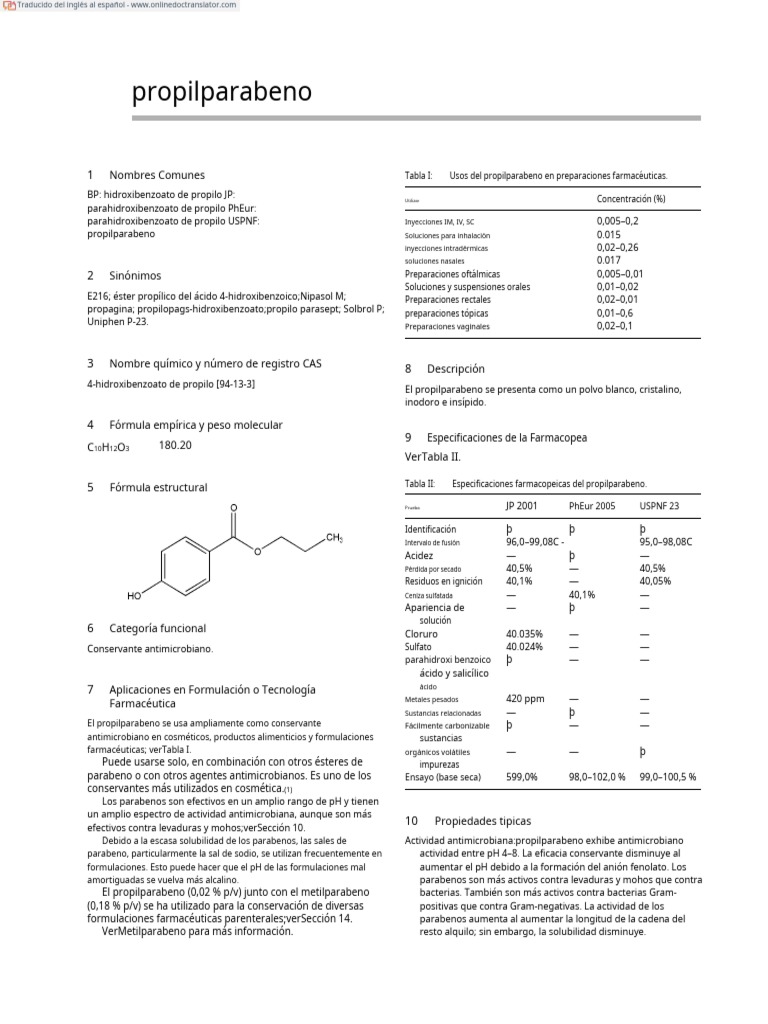 Usos y Propiedades del Propilparabeno | PDF | Sal (química) | Solubilidad
