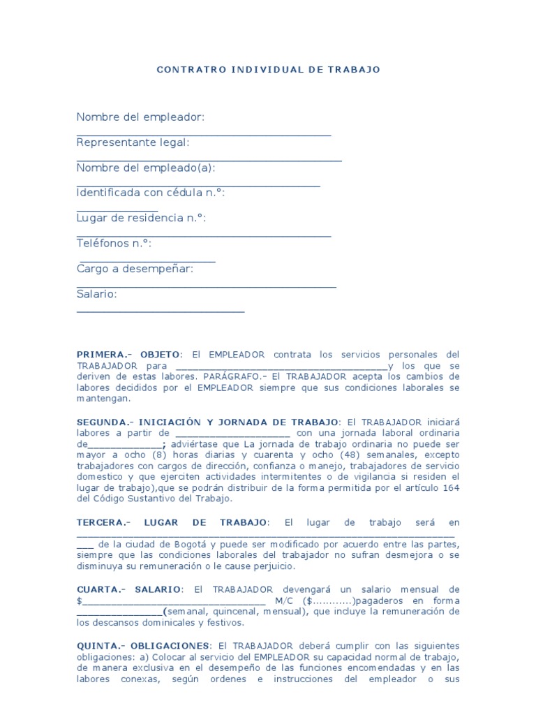 Plantilla Para La Elaboracion de Contrato Individual de Trabajo | Tiempo de trabajo | Salario