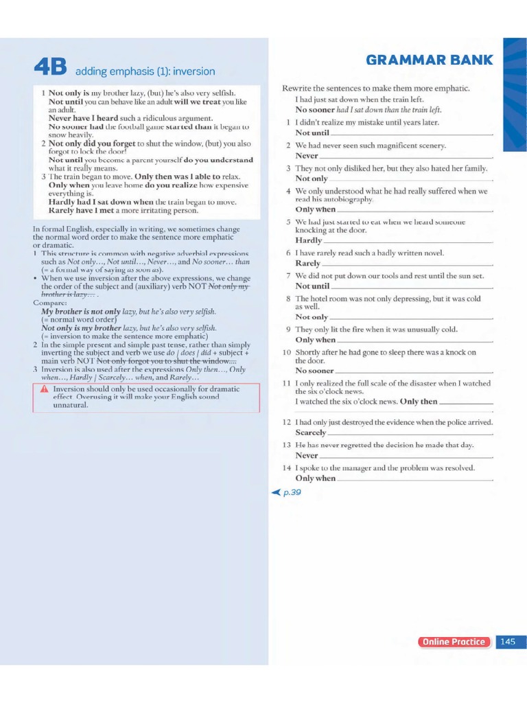 Grammar Bank: Adding Emphasis (1) : Inversion | PDF | Language Arts ...