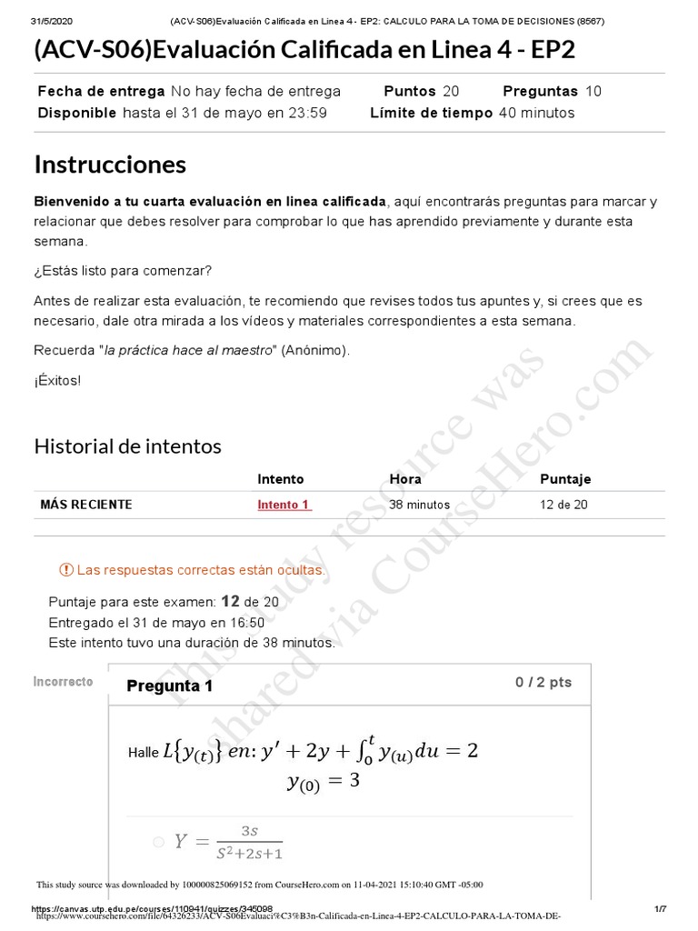ACV S06 Evaluaci N Calificada en Linea 4 EP2 CALCULO PARA LA TOMA DE DECISIONES 8567 .B PDF | PDF