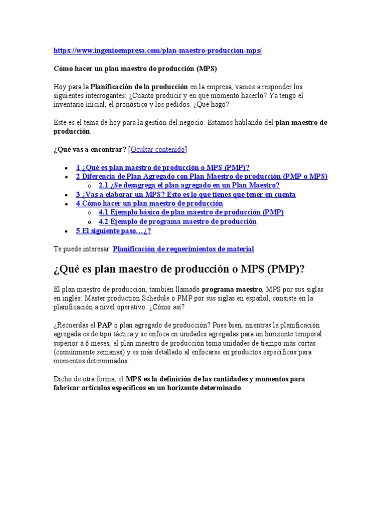 Cómo elaborar un plan maestro de producción (MPS) paso a paso con ejemplos prácticos | PDF ...