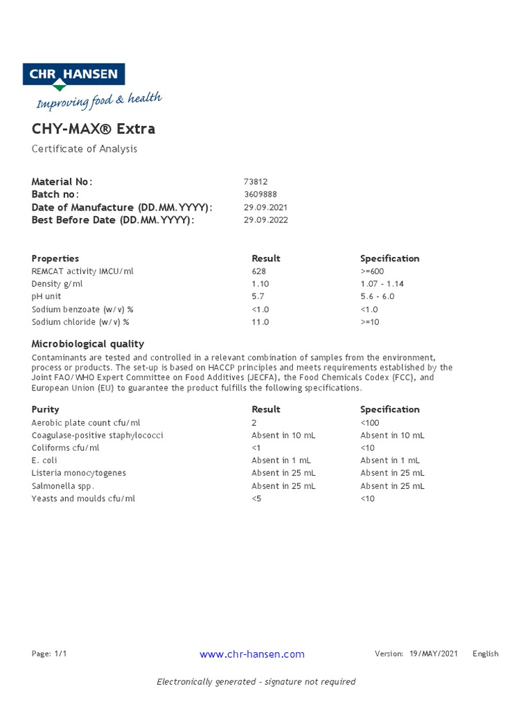 CHY-MAX® Extra: Certificate of Analysis | PDF