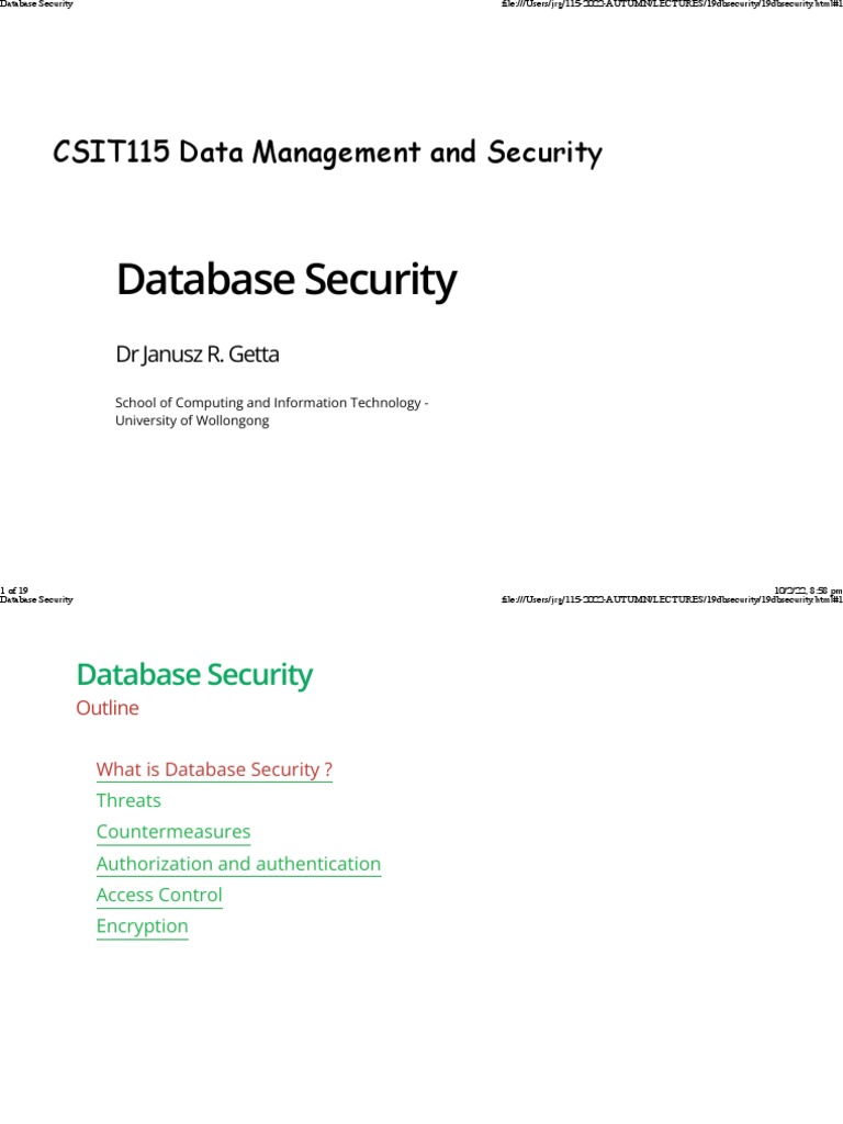Database Security Csit115 Data Management And Security Pdf Databases Encryption 