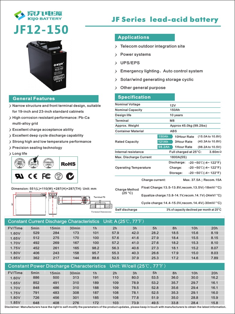 JF Series Lead-Acid Battery: Applications | PDF | Electrical ...