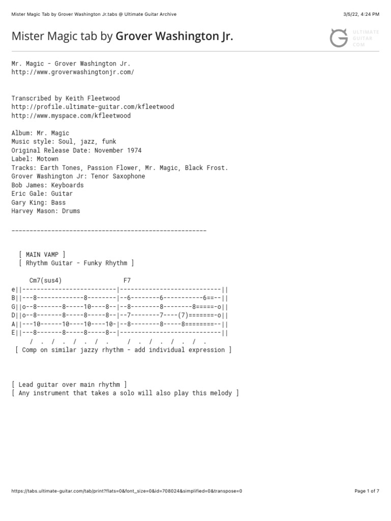 Mister Magic Tab by Grover Washington JR - Tabs | PDF | Funk | Music