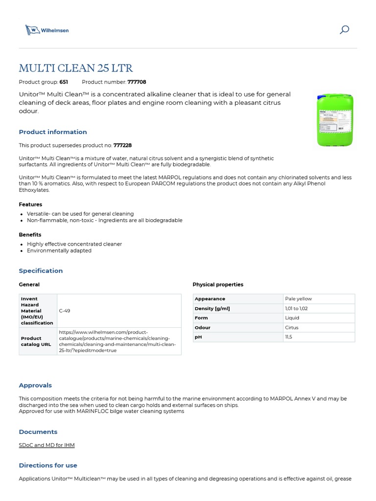 Multi Clean 25 LTR: Marine Chemicals | PDF | Water | Biodegradation
