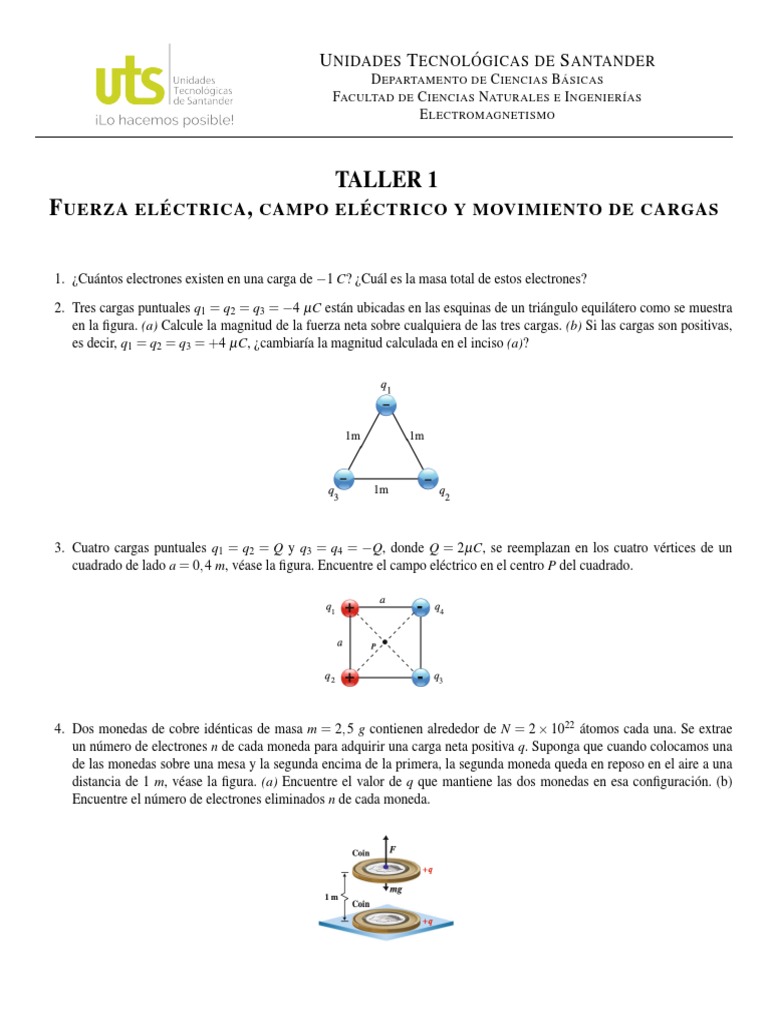 Taller 1 Fuerza El Ctrica Campo El Ctrico y Movimiento de Cargas | PDF | Dipolo | Electrón