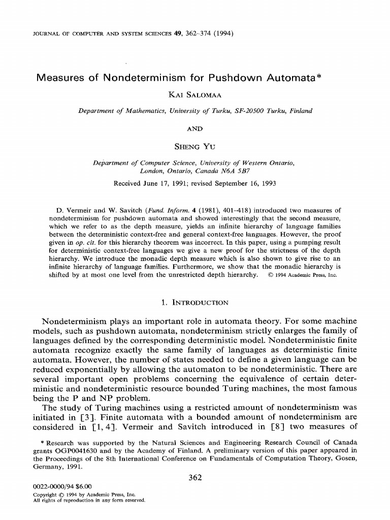 Measures of Nondeterminism For Pushdown Automata | PDF | Automata Theory | Theoretical Computer ...