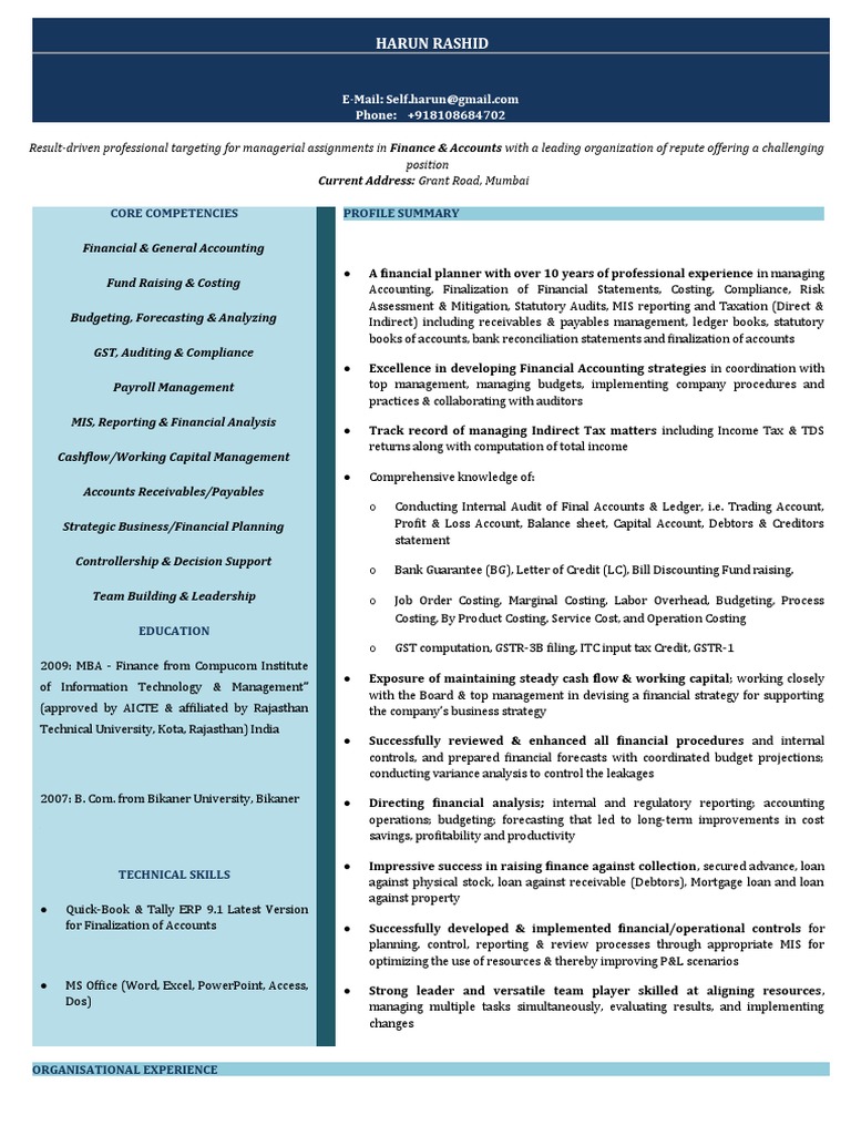 Accounts and Finance Manager Curriculum Vitae (CV) Harun Rashid | PDF ...