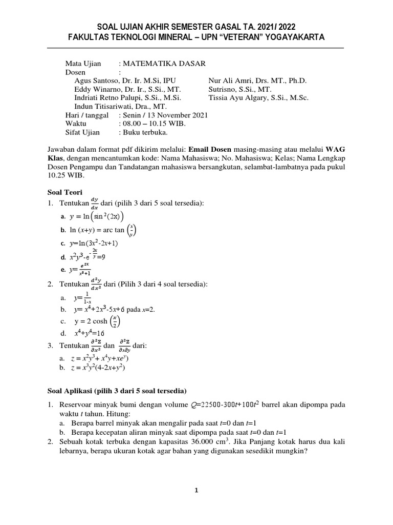 SOAL UAS MATDAS 2021-2022-pdf - 13.12.21 - 08.00 | PDF | Metode & Bahan Ajar | Sains & Matematika
