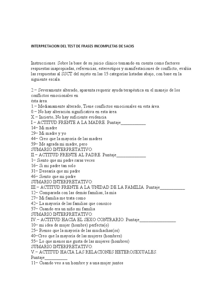 Interpretacion Del Test de Frases Incompletas de Sacks | PDF ...