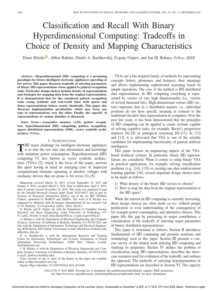 Binary Hyperdimensional Classification 2018 Pdf Artificial Neural Network Vector Space