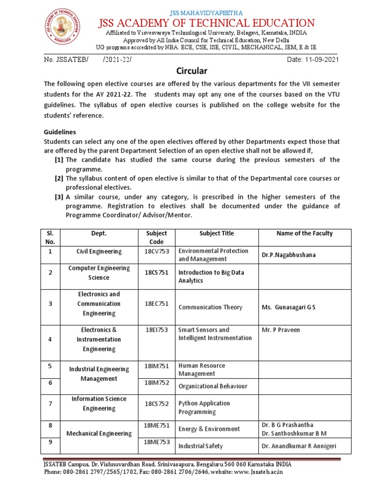 Open Electives Circular VII Sem AY 2021-22 | PDF | Regression Analysis | Errors And Residuals
