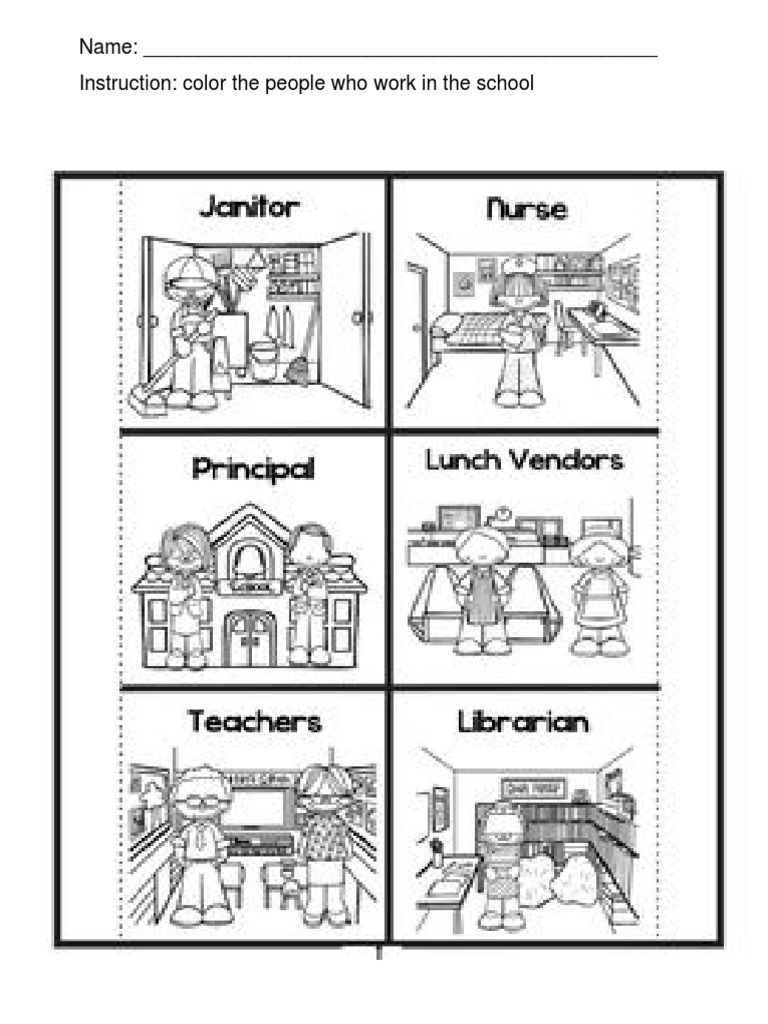 Name: - Instruction: Color The People Who Work in The School | PDF
