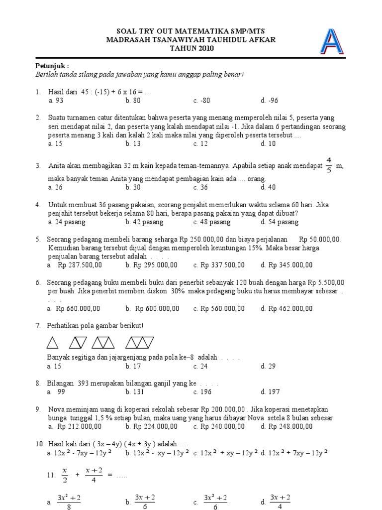 Soal Try Out Matematika SMP Batola | PDF