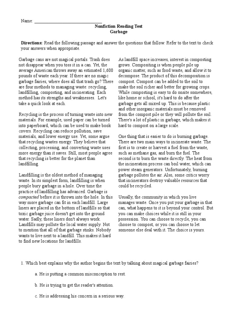 Nonfiction Reading Test Garbage | PDF | Waste | Waste Management
