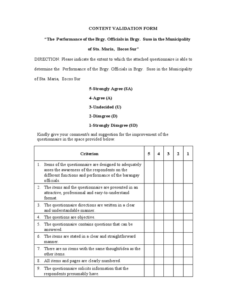 Content Validation Form "The Performance of The Brgy. Officials in Brgy ...