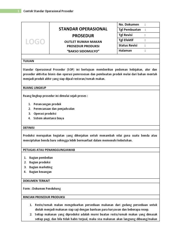 Contoh SOP Resto Produksi Outlet | PDF