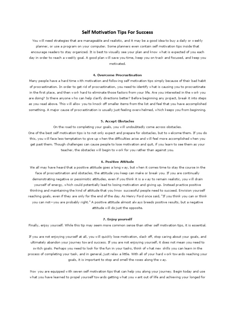 Self Motivation Tips For Success | PDF | Motivation | Motivational