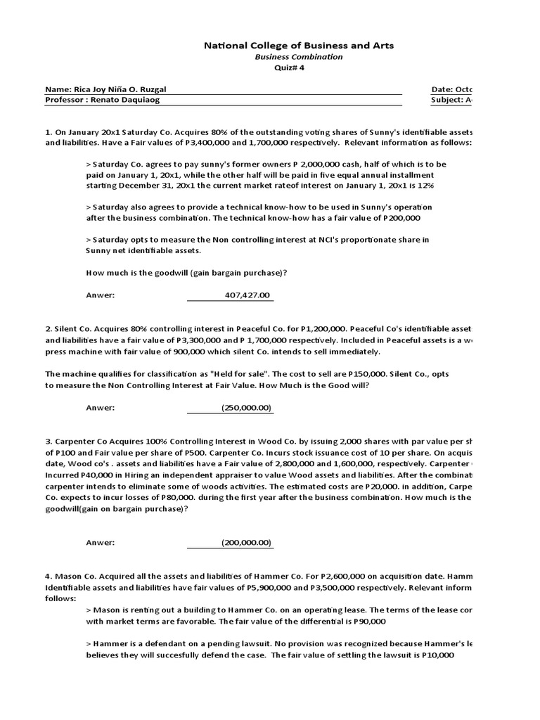 Business Combination Goodwill Calculations | PDF | Goodwill (Accounting ...