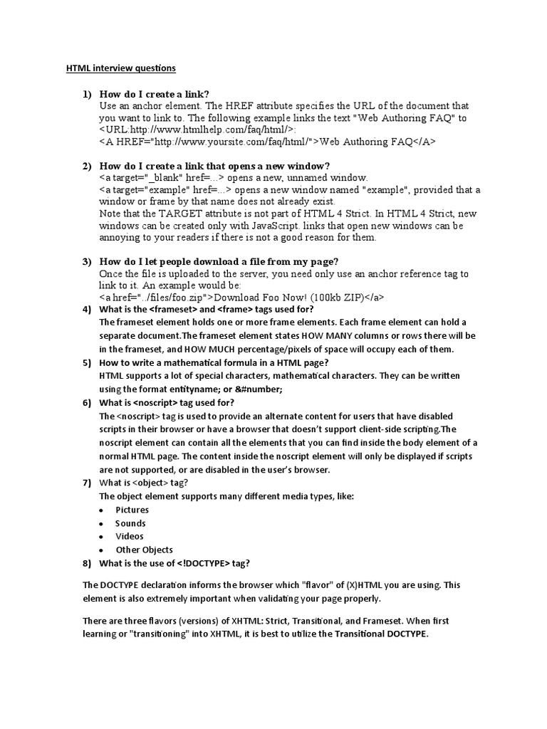 1) How Do I Create A Link?: HTML Interview Questions | PDF | Web ...