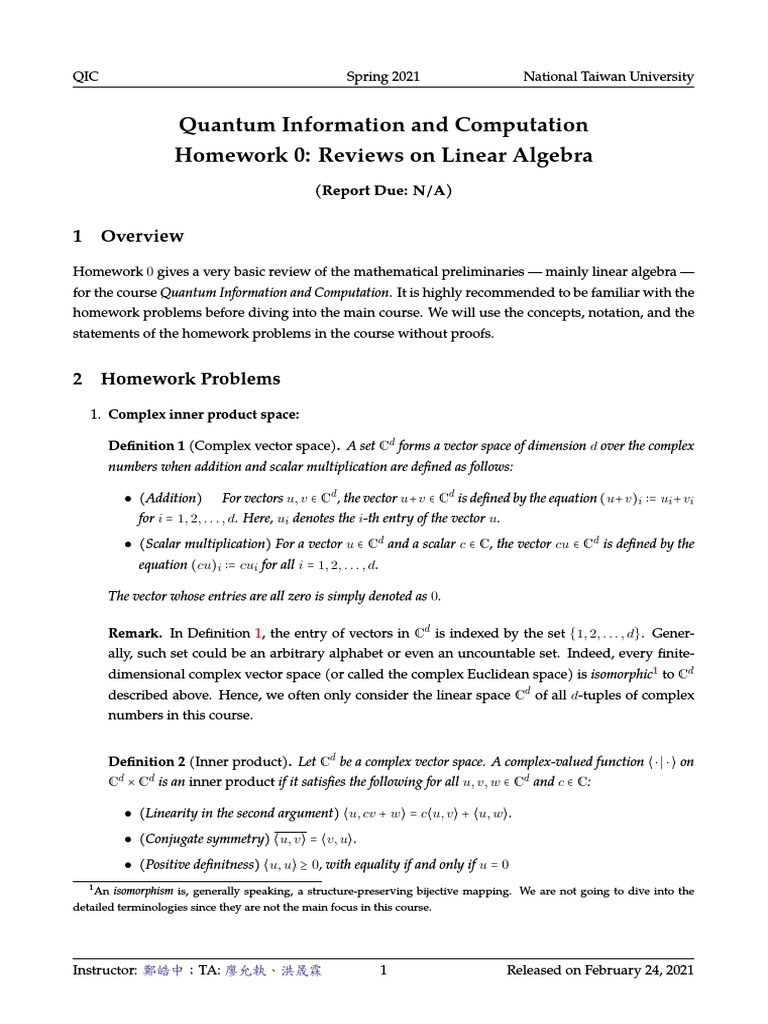 Quantum Information and Computation Homework 0: Reviews On Linear Algebra | PDF | Linear Map ...