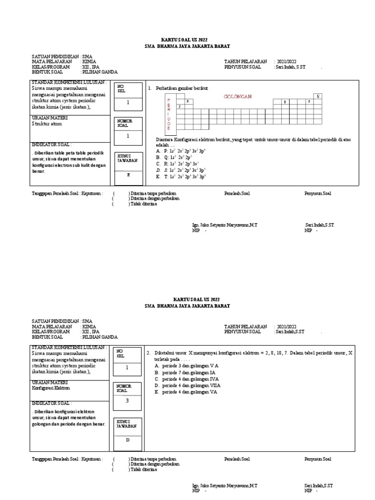 Kartu Soal Us Kimia Kelas 12 Mipa Tahun Pelajaran 2021 S.D 2022 | PDF