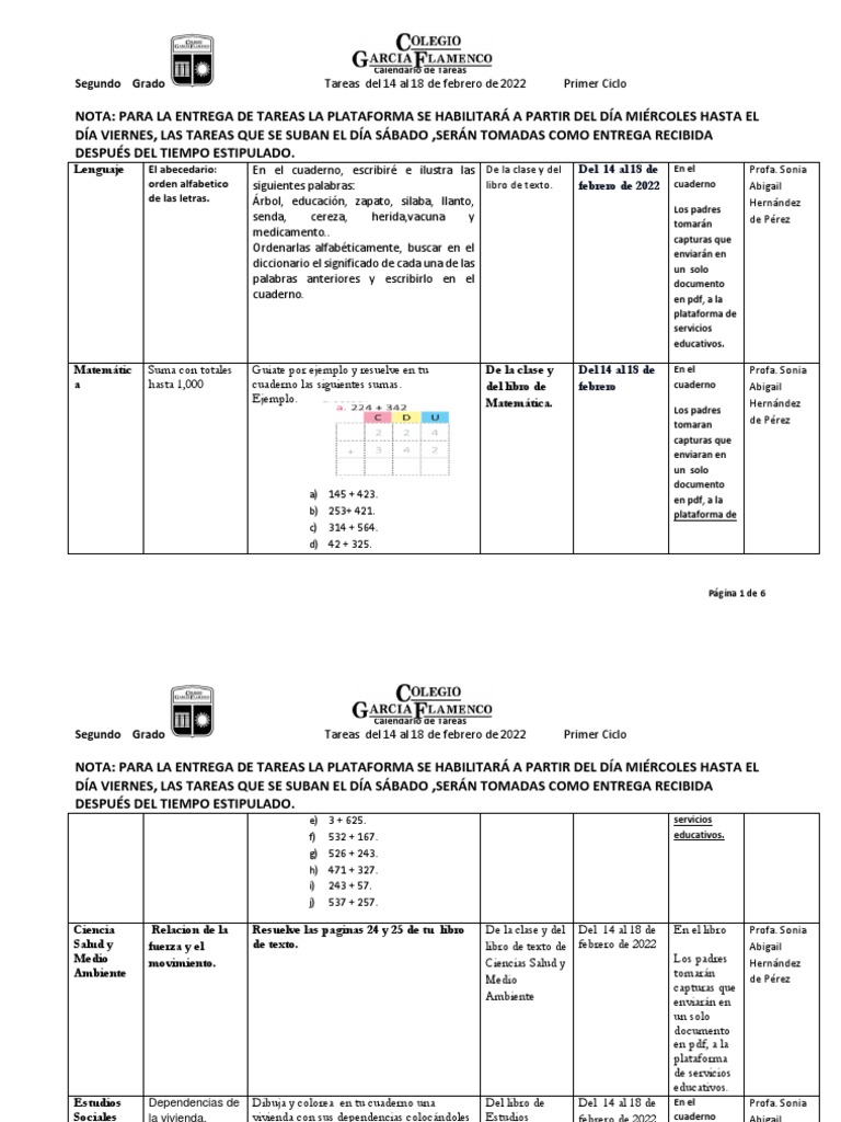 Tareas de Segundo Grado, Del 14 Al 18 de Febrero . | Descargar gratis ...