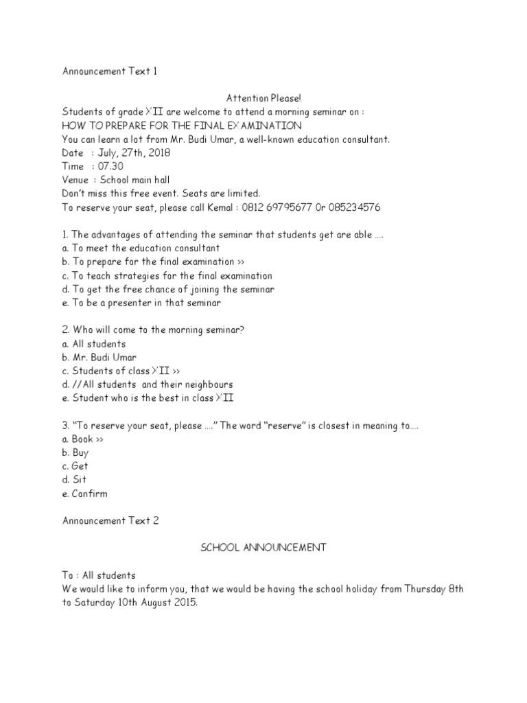 Latihan Soal Announcement | PDF