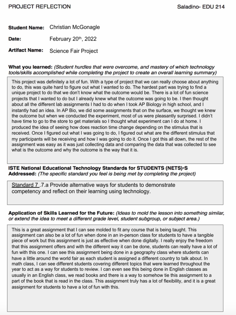 Science Fair Reflection | PDF | Experiment | Cognitive Science