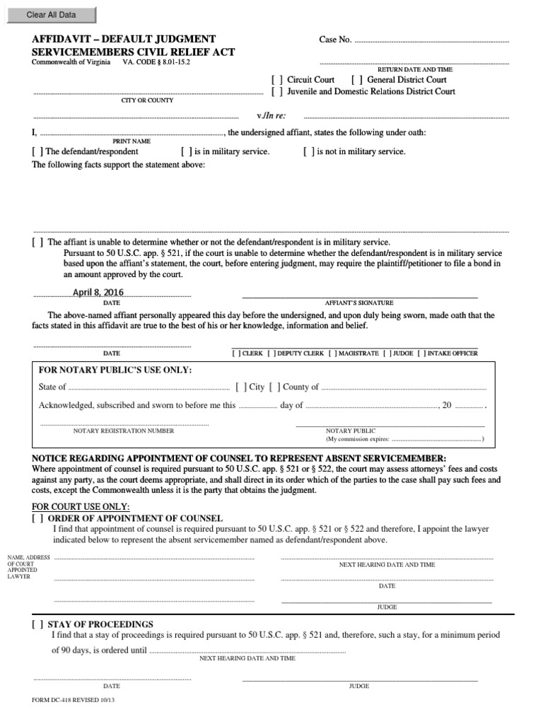 AFFIDAVIT - DEFAULT JUDGMENT SERVICEMEMBERS CIVIL RELIEF ACT Template ...