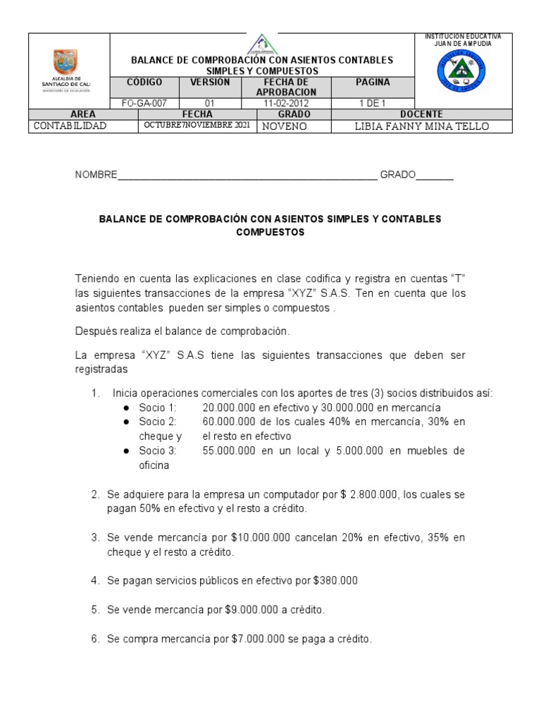 Balance de Comprobación Asientos Contables Simples y Compuestos | PDF ...