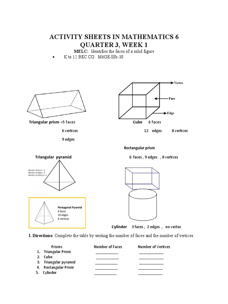 Grade 6 Math: Solid Figures Week 1 | PDF