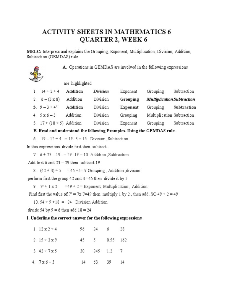 Activity Sheets in Mathematics 6 Quarter 2, Week 6: Addition Exponent ...