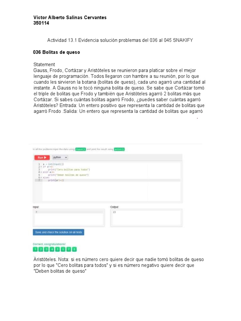 Actividad 13.1 Evidencia Solución Problemas Del 036 Al 045 SNAKIFY. | PDF
