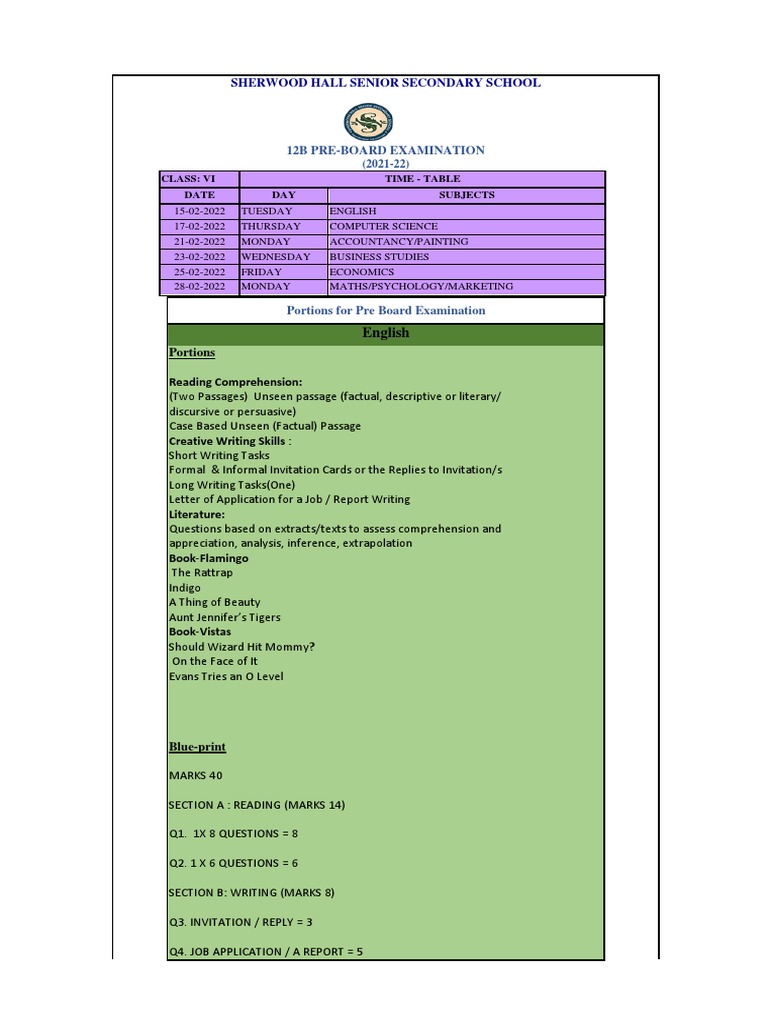 Sherwood Hall Senior Secondary School Class VI Pre-Board Examination ...