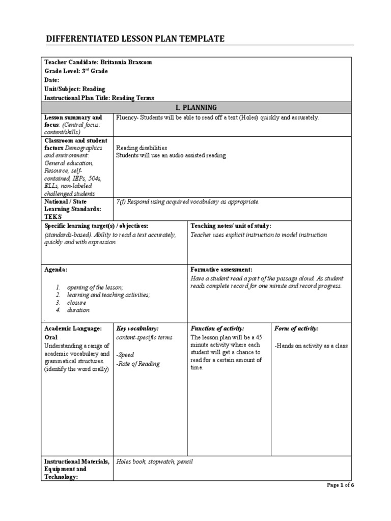 Differentiated Lesson Plan Template Reading Skills | Download Free PDF ...