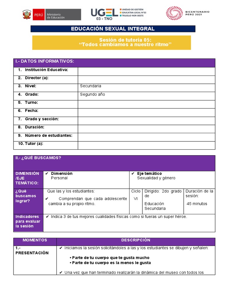 Sesión 05 - Todos Cambiamos A Nuestro Ritmo - 2° Secundaria - Ciclo VI - Educación Sexual ...