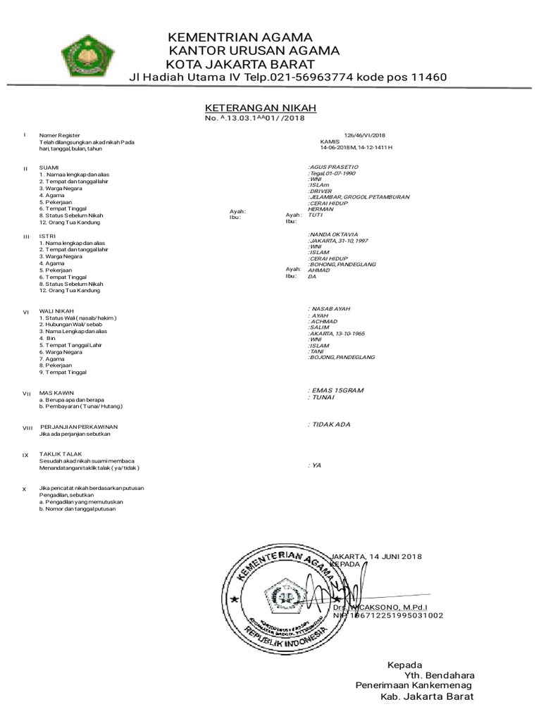 Surat Keterangan Nikah Jakarta Barat | PDF
