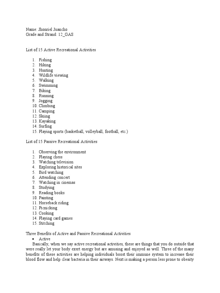 Active and Passive Recreational Activities | PDF