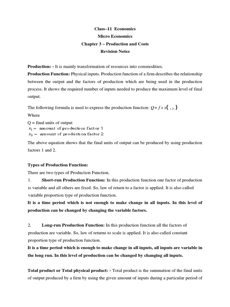 Revision Notes Microeconomics | PDF | Production Function | Economies