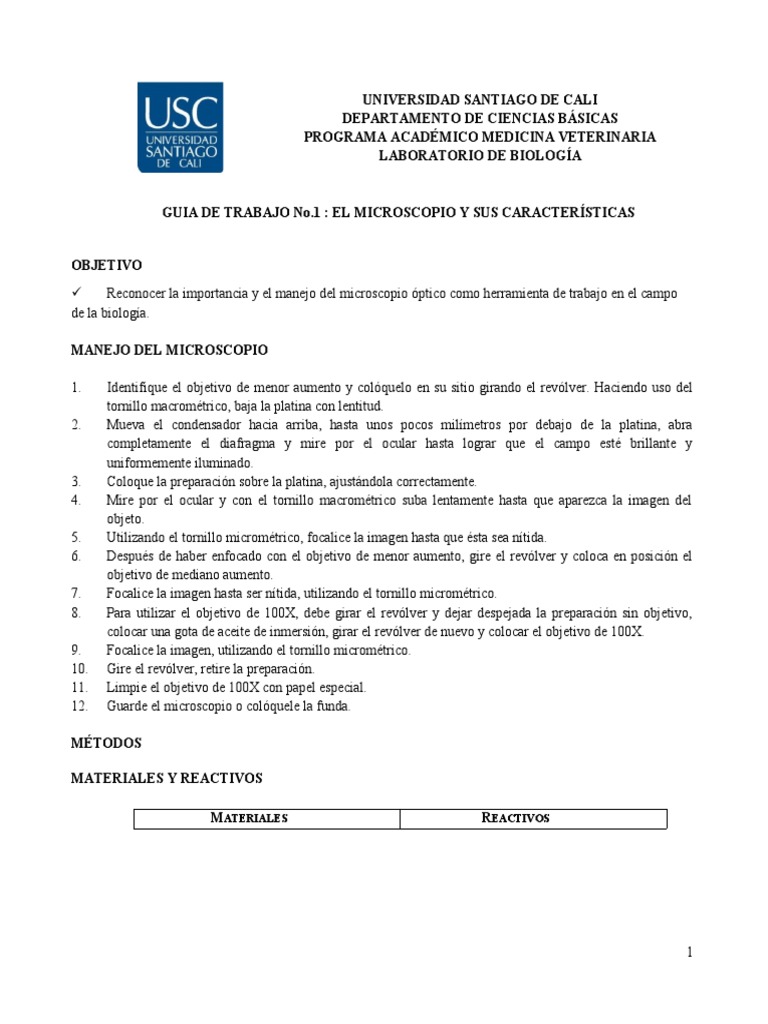 Guia de Trabajo N1 El Microscopio y Sus Caracteristicas | PDF ...