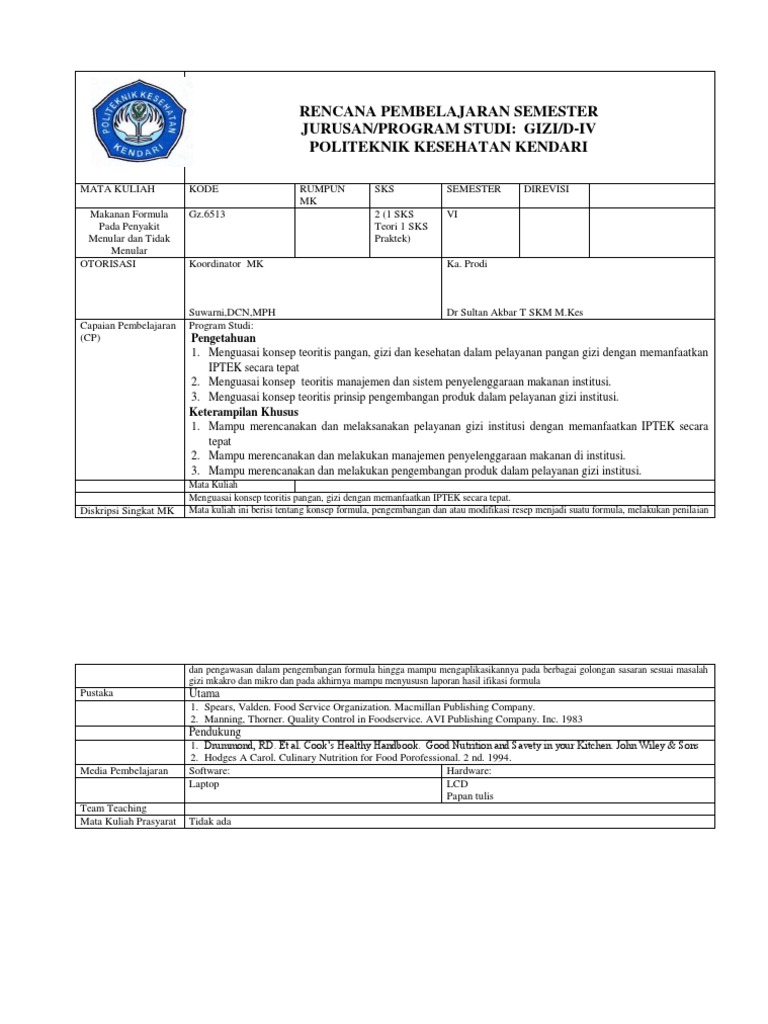 Rencana Pembelajaran Formula Makanan | PDF
