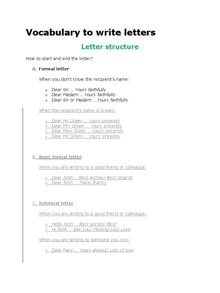 Vocabulary To Write Letters | PDF