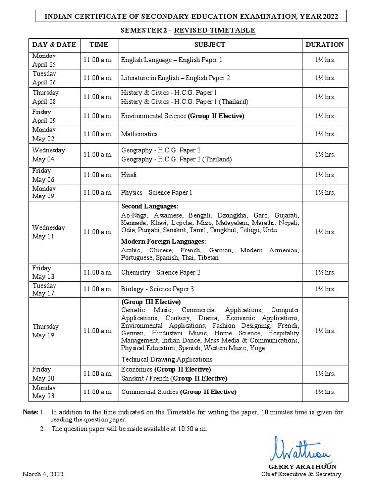 ICSE Revised and ISC SEM 2 2022 - Timetable | PDF | Science | Linguistics